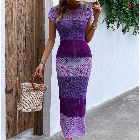Dresses | Colorblock Purple Womens Striped Pointelle Knit Cover Up ...